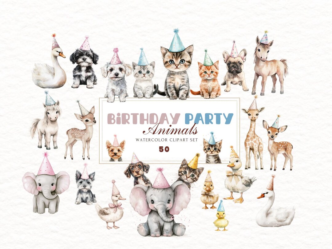 50 Colorful Birthday Party Animals Clipart for Kids Celebrations Fun ...