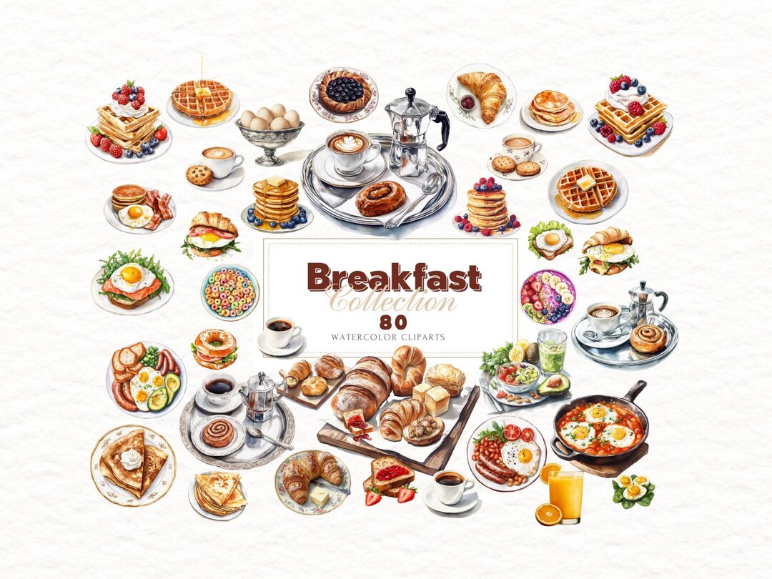 80 Breakfast Watercolor Clipart Set for Delicious Designs Pancakes Eggs ...
