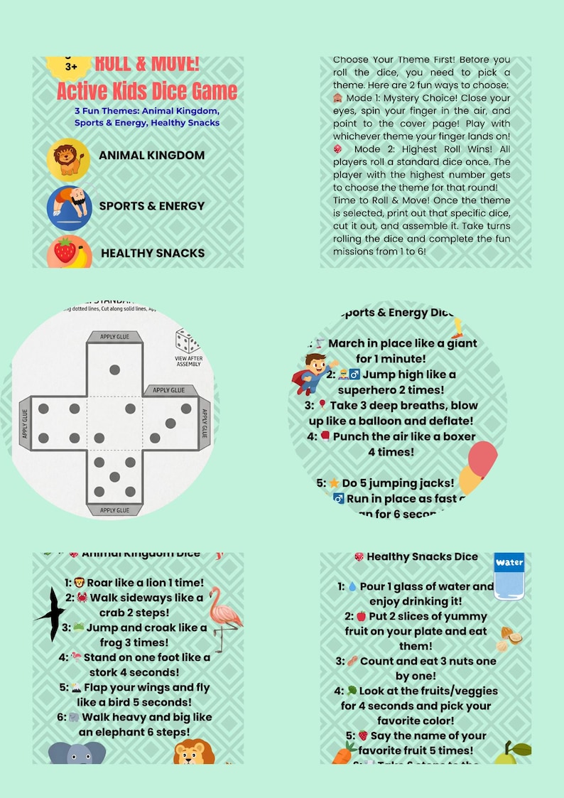 Active Kids Dice Game | Animal, Sports, Healthy Snacks (digital ...