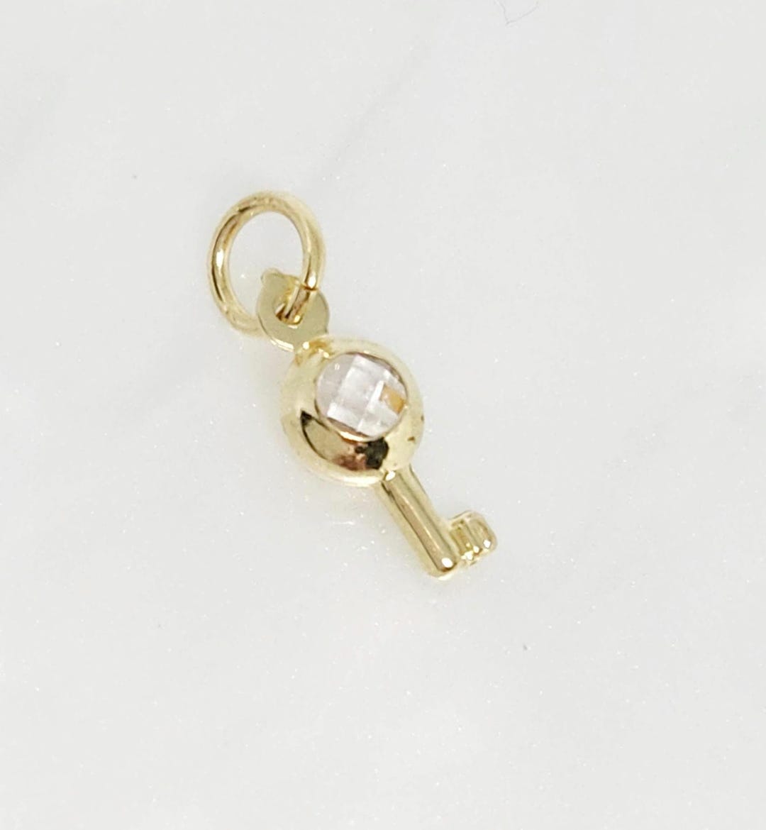 10K Yellow Gold Key Charm, TINY Key Charm, Gem Stone Charm, Puffy Charm ...