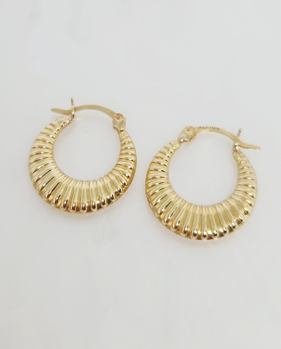 10K Yellow Gold Hoop Earrings, Gold Ridged Hoops, Hollow Gold Hoops ...