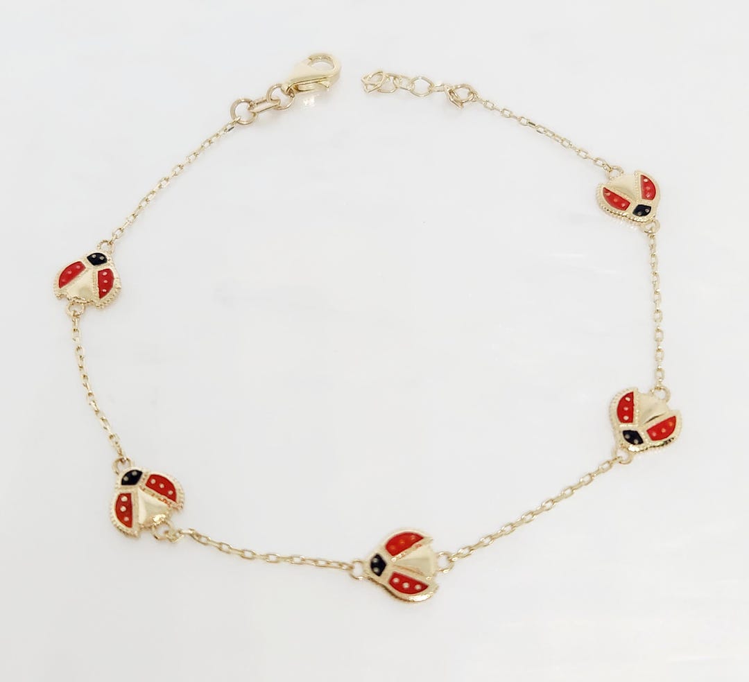 10K Yellow Gold Ladybug Bracelet, Enamel Ladybug Bracelet, Gold Beetle ...