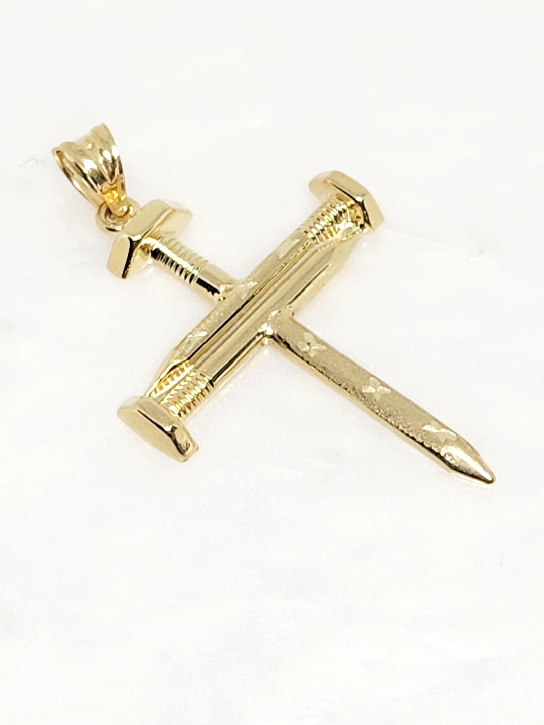 10K Yellow Gold Cross Charm, Three Nail Cross, Religious Cross Charm ...