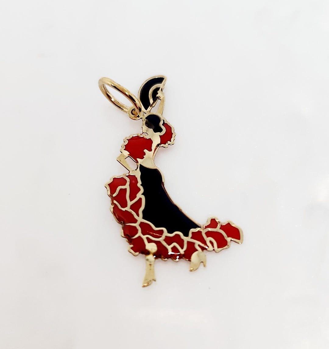 10K Yellow Gold Lady Charm, Gold Spanish Dancer Charm, Red Flamenco ...