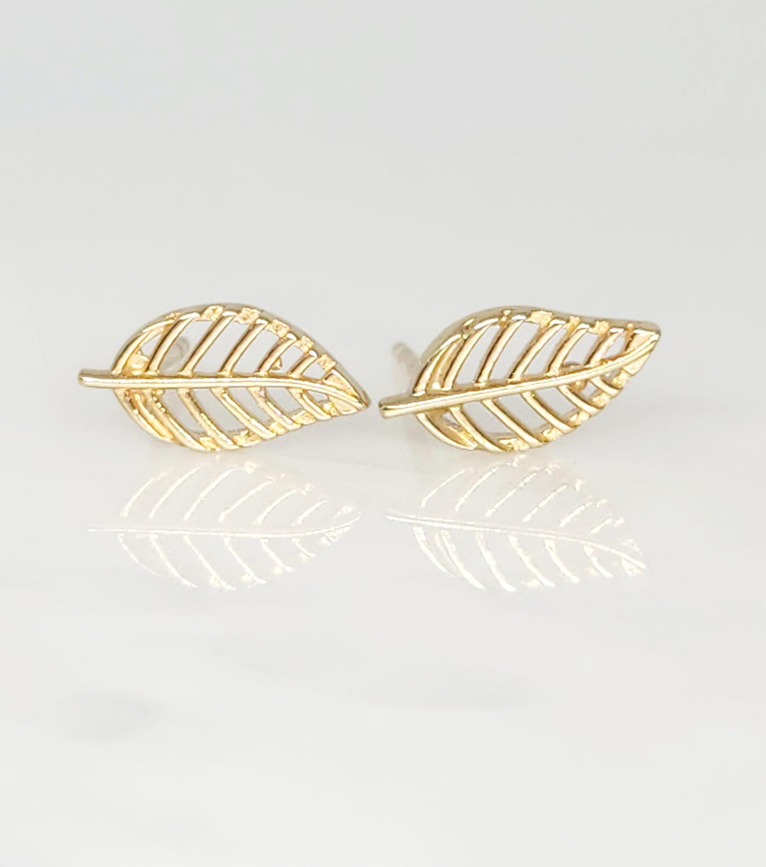 10K Yellow Gold Small Leaf Earrings, Gold Leaf Studs, Dainty Gold Studs ...
