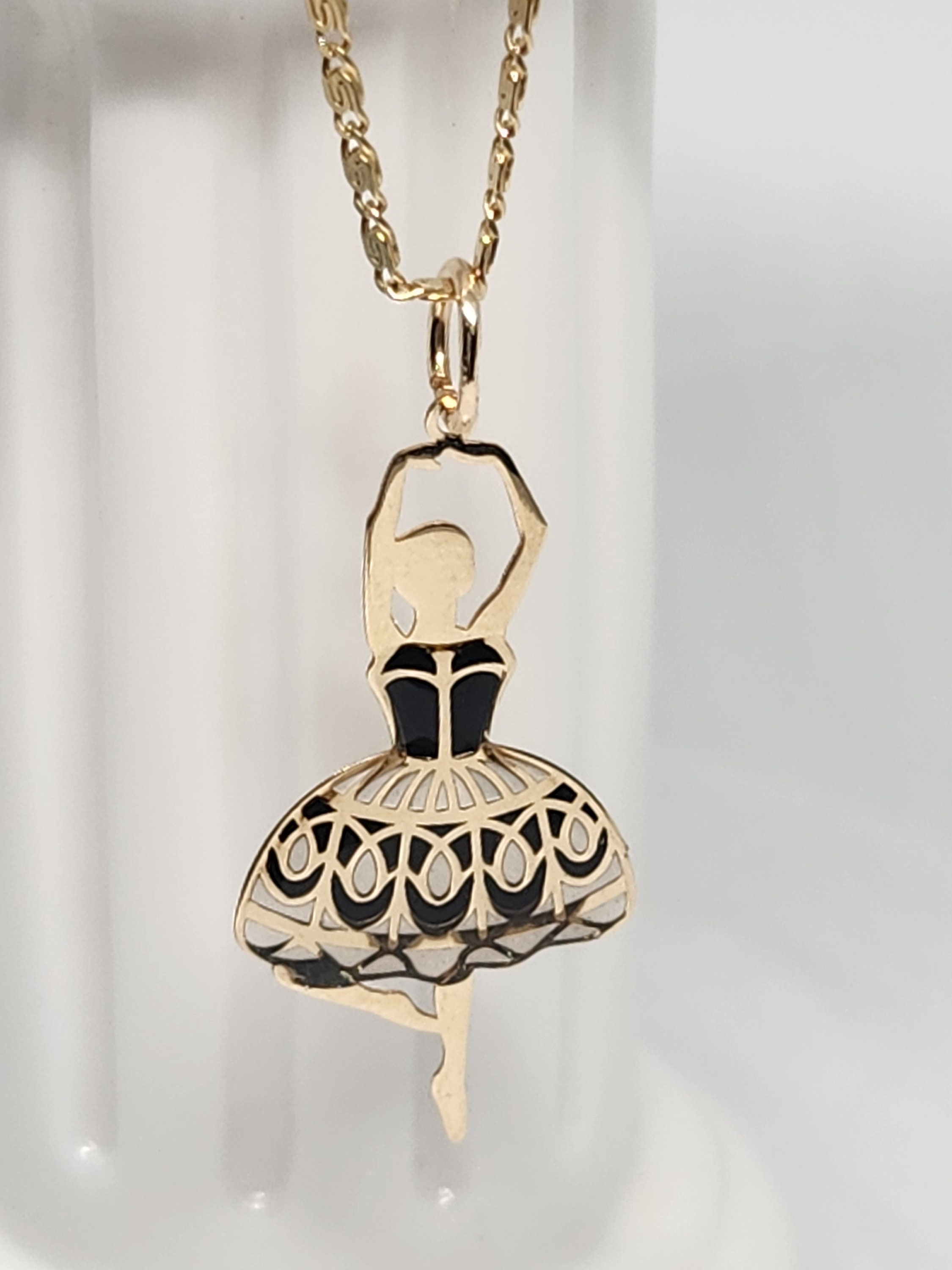 14K Real Gold Ballerina Pendant, Enamel Ballerina, Gold Dancer Pendant ...