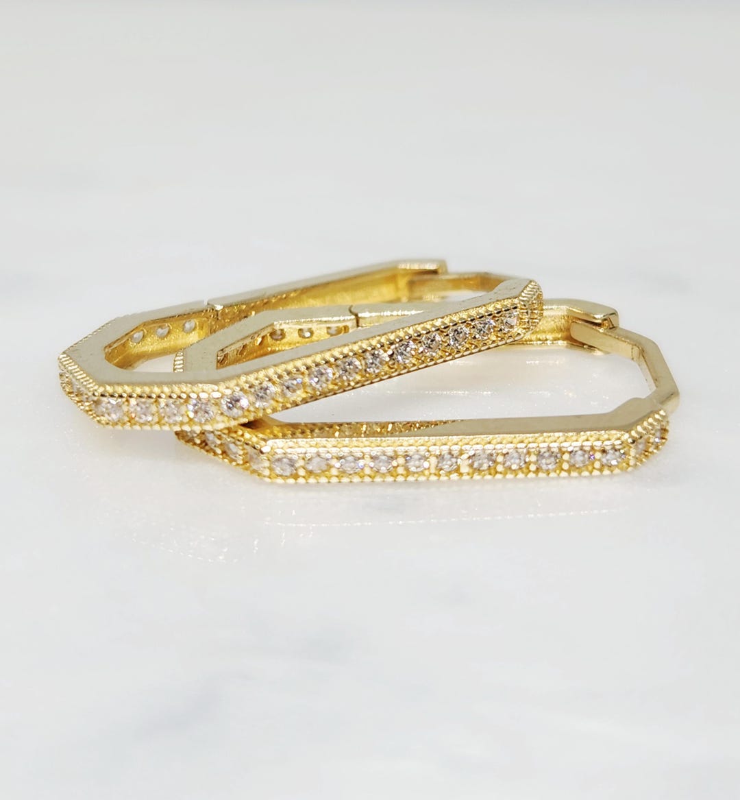 10K Yellow Gold Hoops, Gold CZ Hoops, Solid Gold Hoops, Gold Rectangle ...