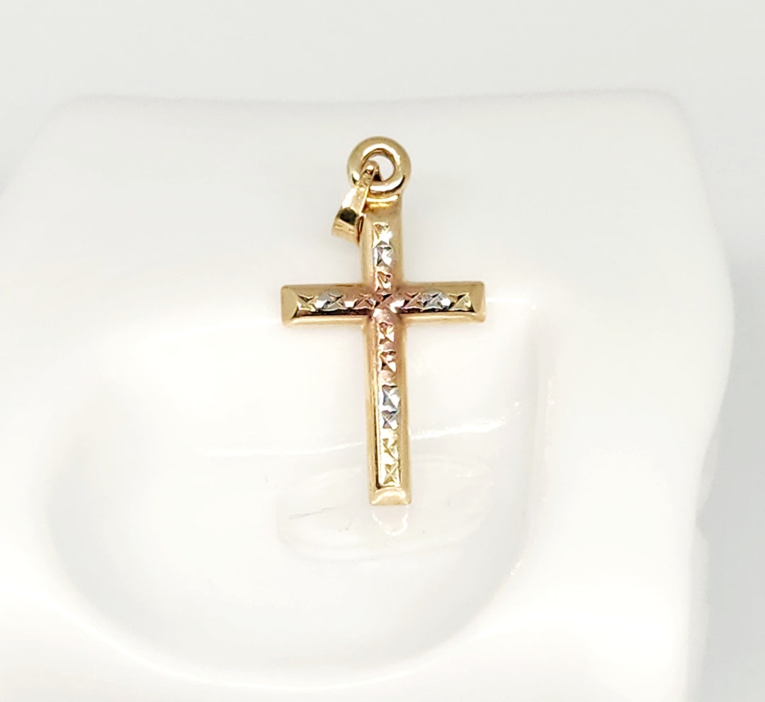 14K Genuine Gold Cross Charm, Tri-color Gold Cross, Religious Cross ...
