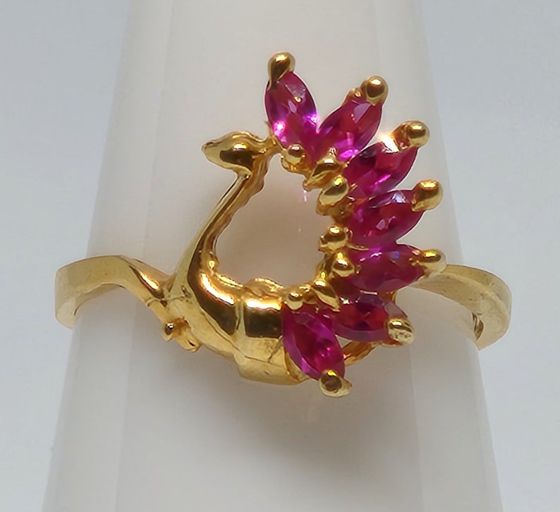 10K Genuine Gold Peacock Design Ring With Dark Pink Cubic Zirconia Stones, Unique Statement ...