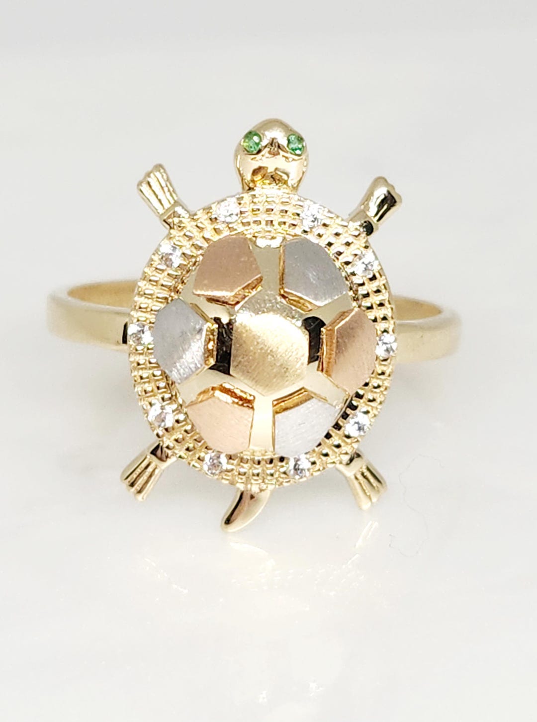 14K Tri Gold Turtle Ring, Gold Dome Ring, Gold Sea Animal Ring, Gem ...