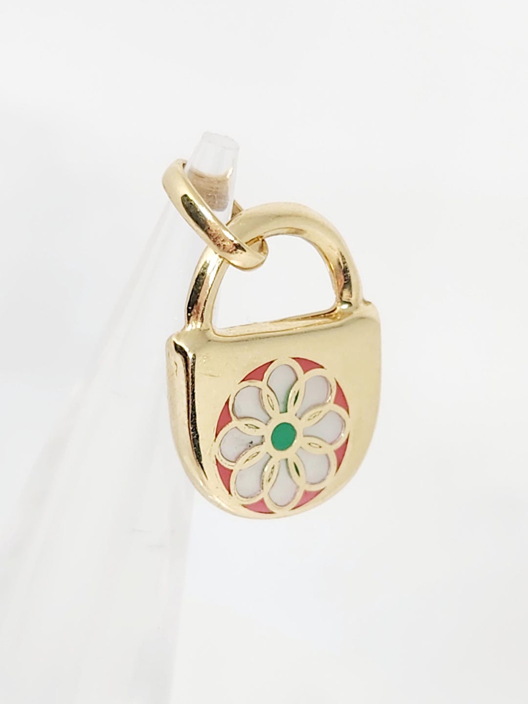 14K Yellow Gold Lock, Real Gold Padlock, Mother of Pearl Lock, Enamel ...