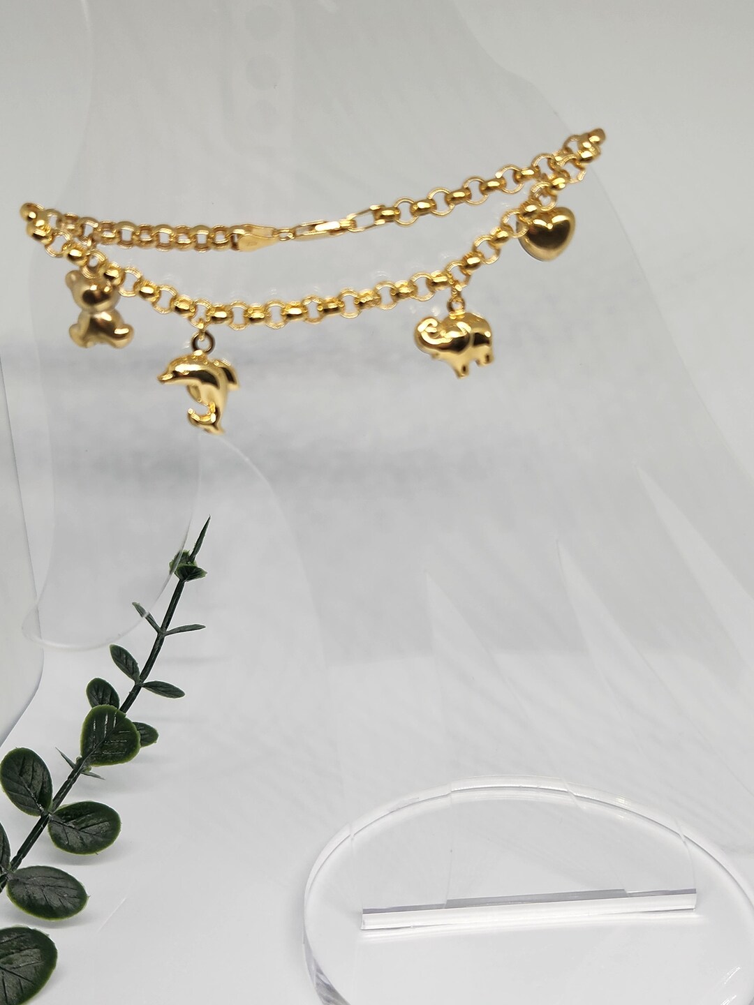 10K Genuine Gold Charm Bracelet, Rolo Link Elephant Charm, Dolphin ...