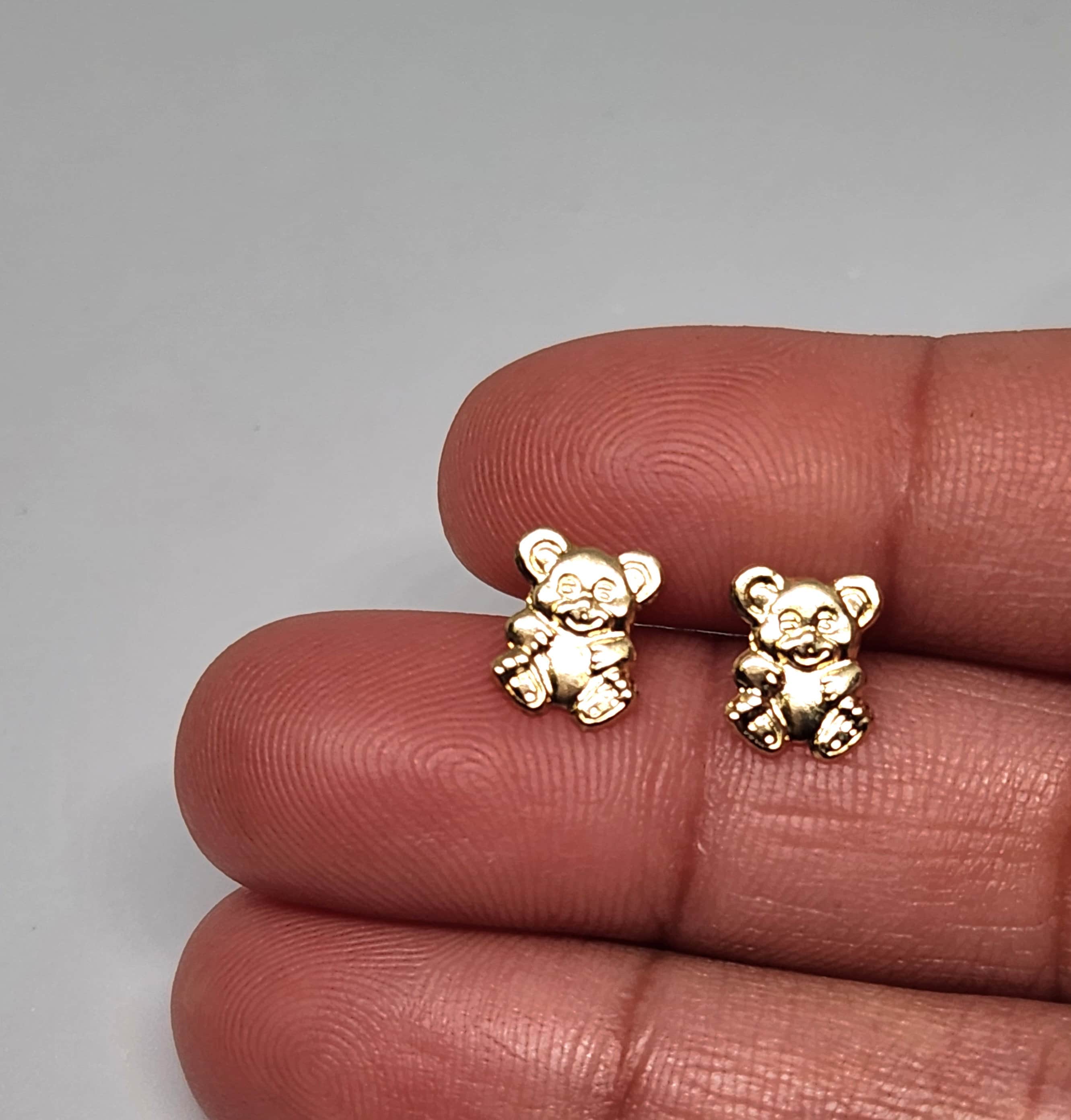 10K Genuine Gold Teddy Earrings, Tiny Gold Studs, Gold Safety Screw Back Earrings, Teddy Bear ...