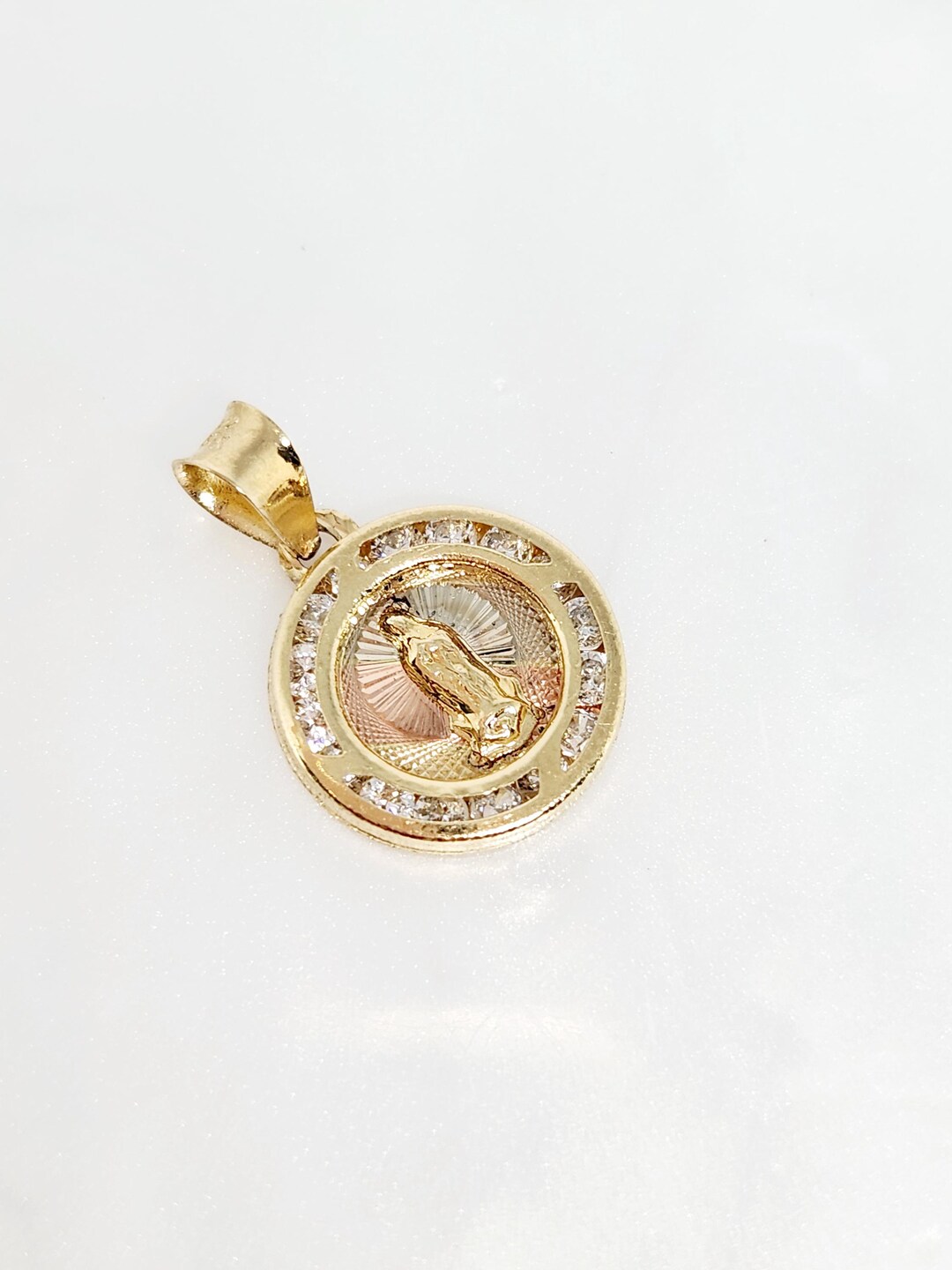 14K Tri-gold Saint Charm, SMALL Gold Religious Charm, Gold Virgin Mary ...