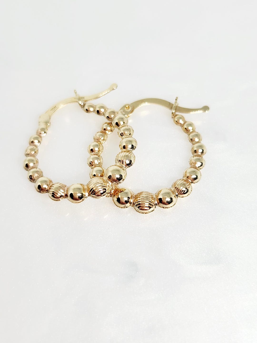 10K Yellow Gold Hoop Earrings, Gold Ball Hoop Earrings, Gold Circle ...