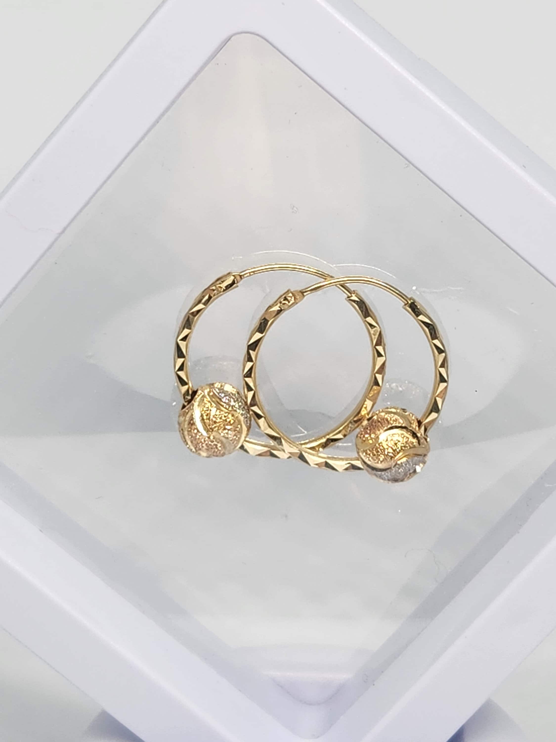 10K Tri-color Gold Ball Hoops, Gold Hoops, Ball Charms, Ball Earrings ...