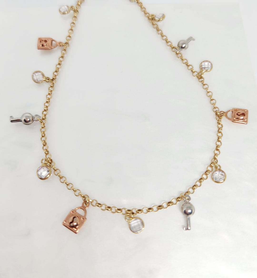 10K Genuine Gold Charm Anklet, Tri-colored Anklet, Gold Lock & Key ...