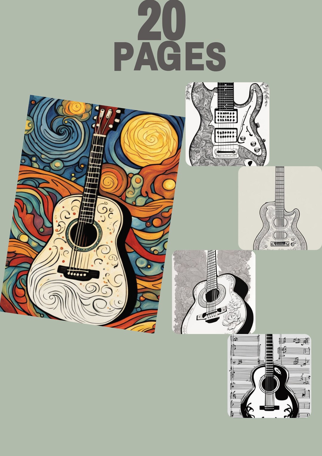 20 Guitar Printable Coloring Book Pages, Cute Coloring Book, Adult ...