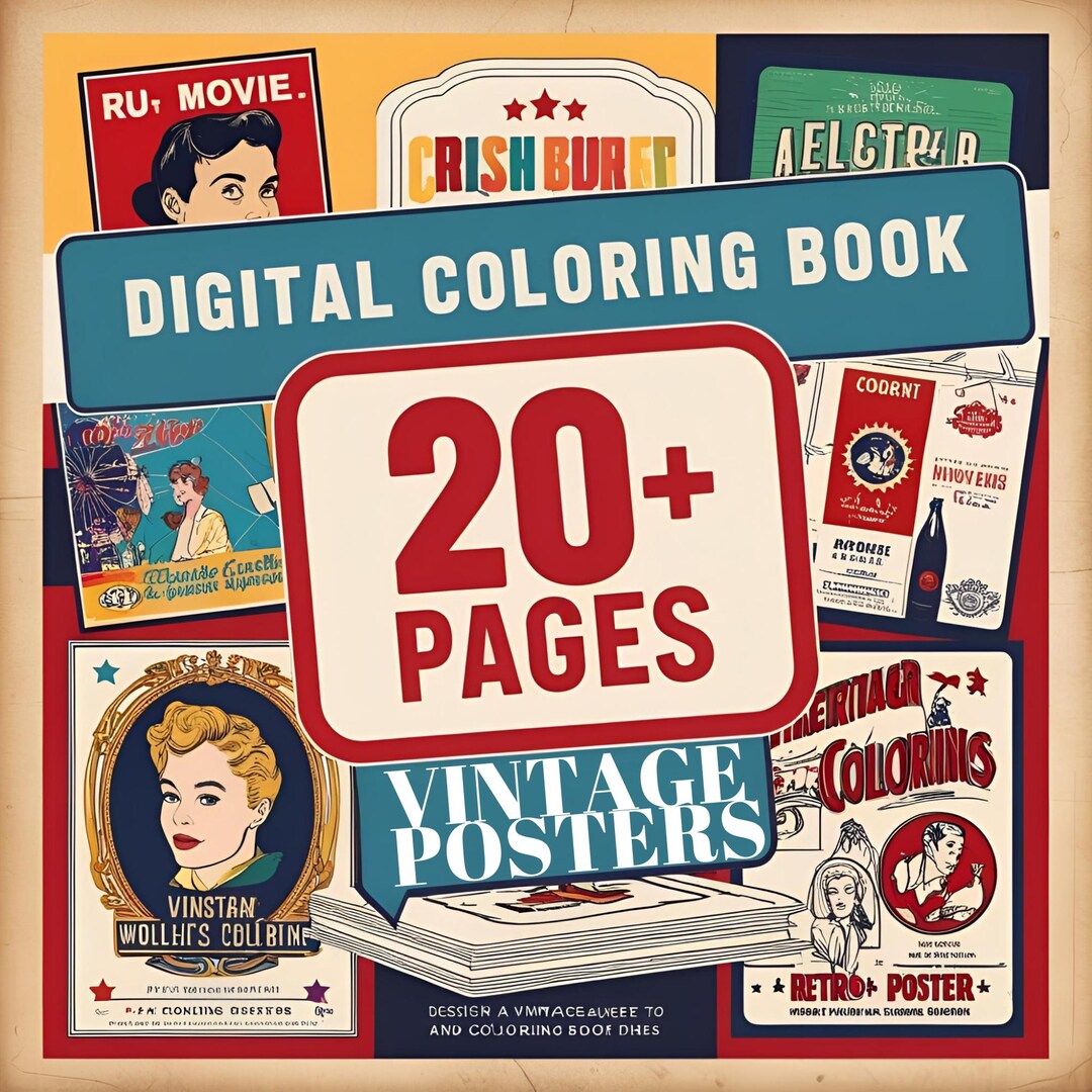 Vintage Posters Coloring Book, Retro Art Coloring Pages, Classic Poster ...