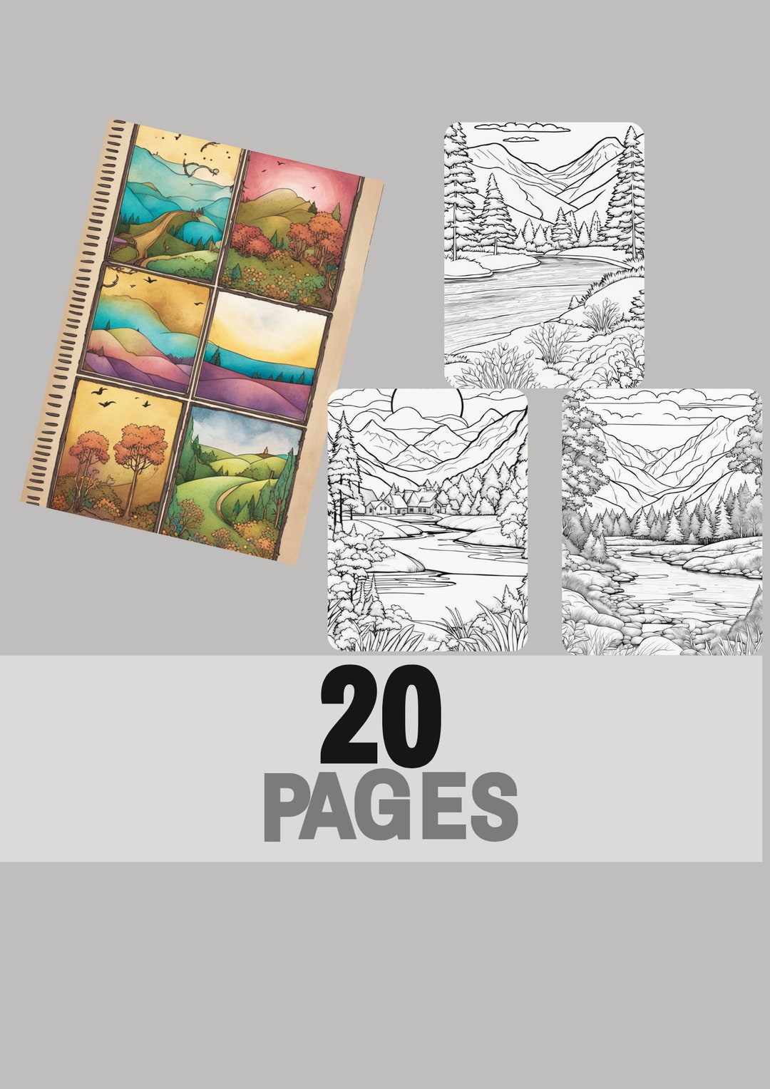 Nature Scenery Coloring Book, Digital Coloring Pages, Landscape ...
