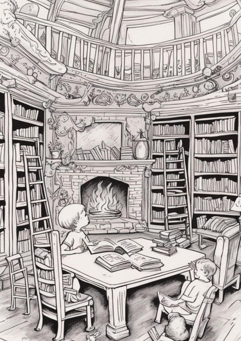 20 Library Coloring Book, Digital Library Art, Printable Library ...