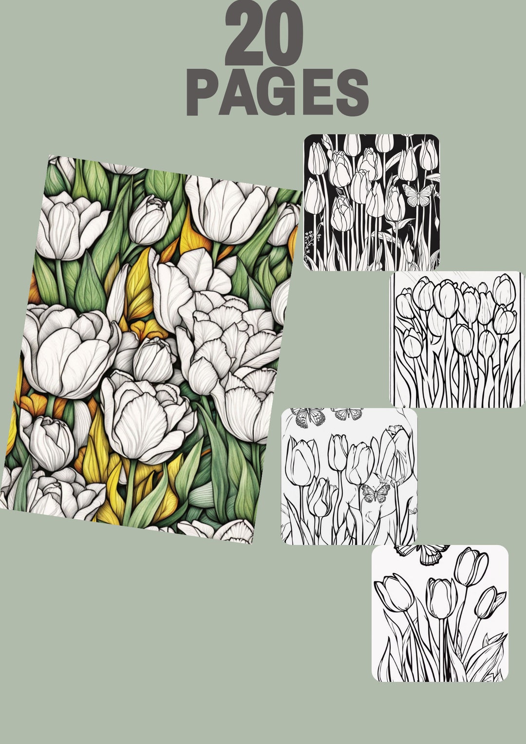 20 Tulip Coloring Book, Printable Coloring Book, Botanical Designs, DIY ...