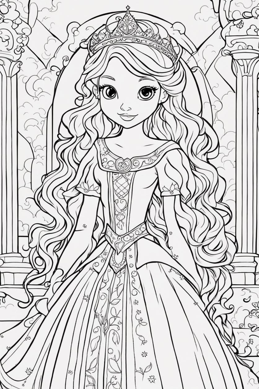 Princess Coloring Book, Fairy Tale Coloring Pages,, Digital Princess ...