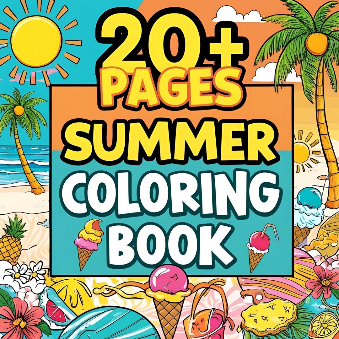 Summer Coloring Book, Digital Coloring Pages, Summertime Illustrations ...