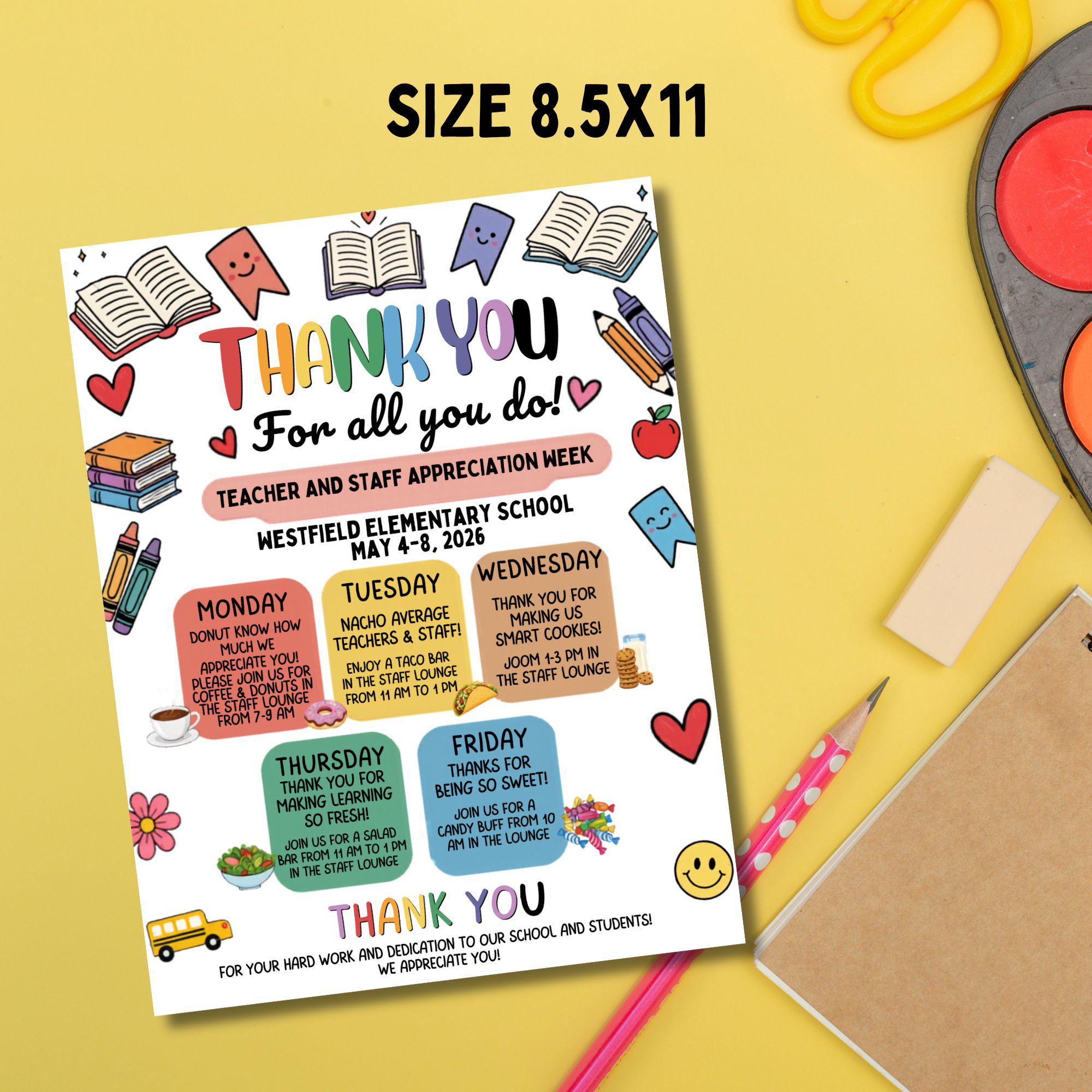 Teacher Appreciation Week Itinerary Flyer Template, Printable Teacher ...