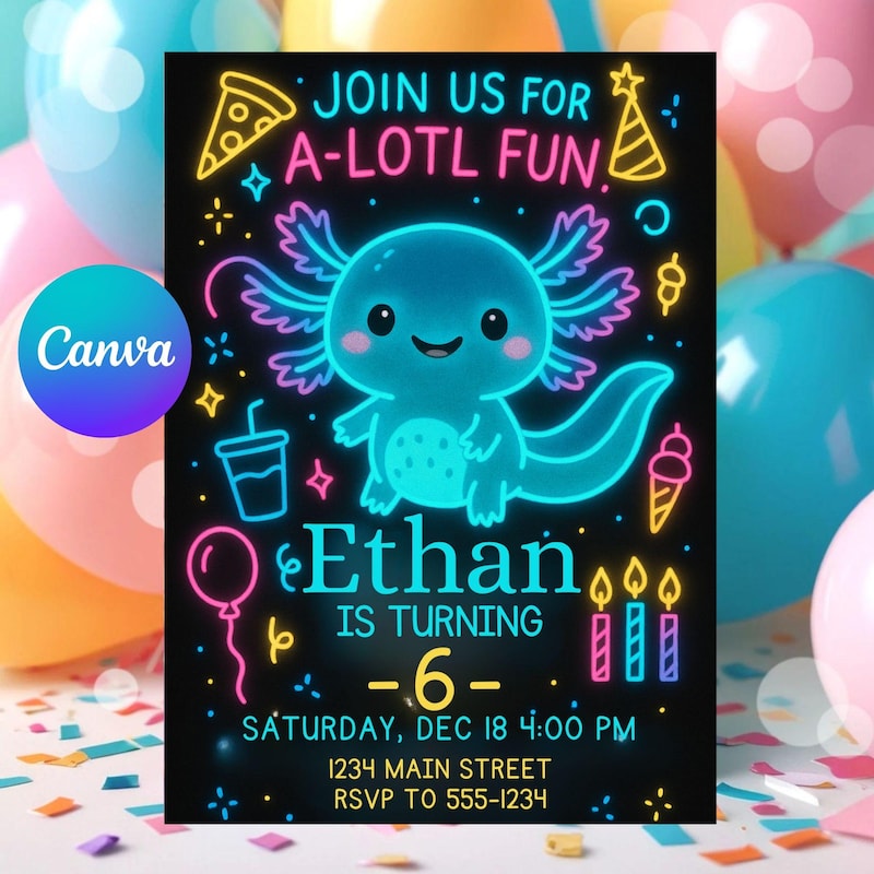 Neon Axolotl Invitation - Etsy