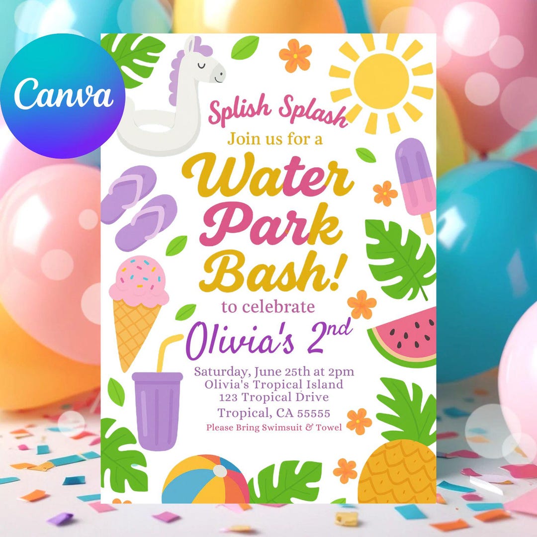 Editable Water Park Birthday Invitation Tropical Waterslide Invite ...