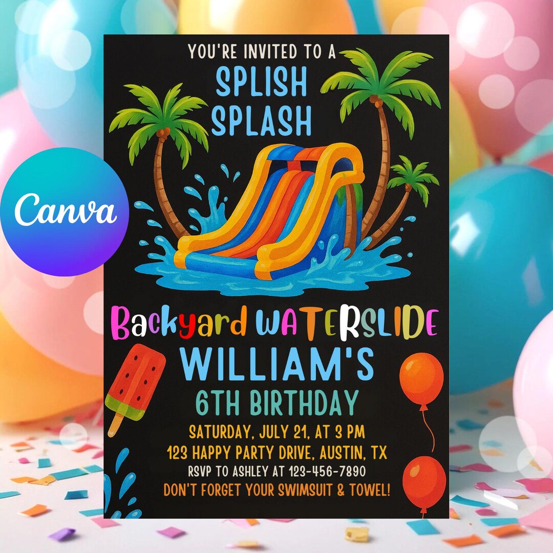 Editable Waterslide Birthday Invitation - Summer Pool Party - Splash ...