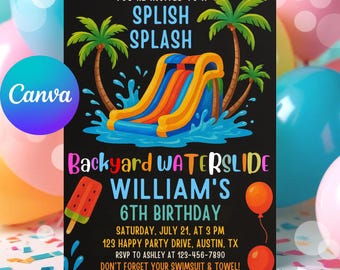 Editable Waterslide Birthday Invitation Summer Pool Party Splash ...
