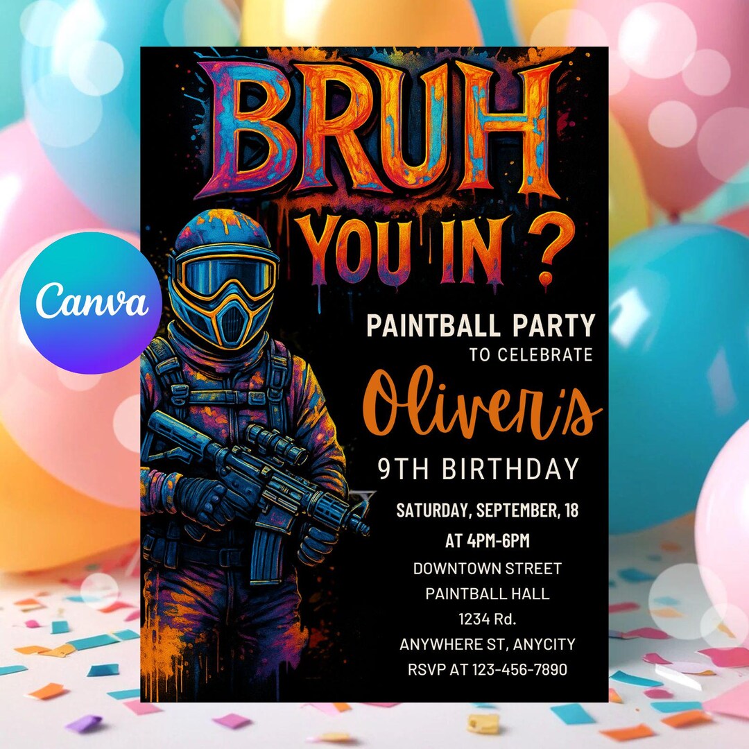 Paintball Birthday Invitation Boy EDITABLE Bruh Paintball Party Invite ...