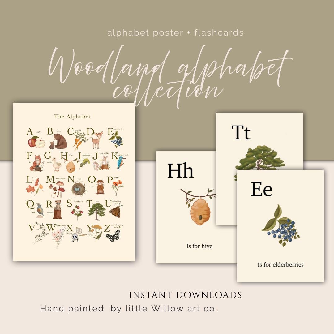 Montessori Alphabet Poster + Flashcards - Vintage Woodland ABC ...