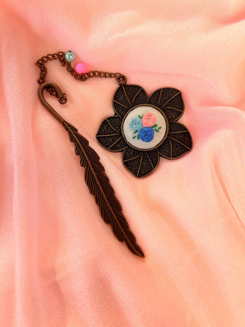 Vintage Hand Embroidered Floral Metal Bookmark With Feather | Brass ...