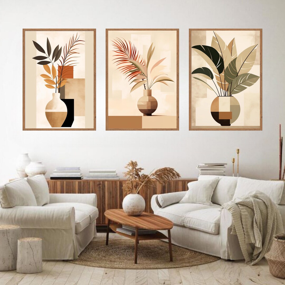 Gift Idea, Set of 3 Minimal Abstract Pots and Tropical Leaves ...
