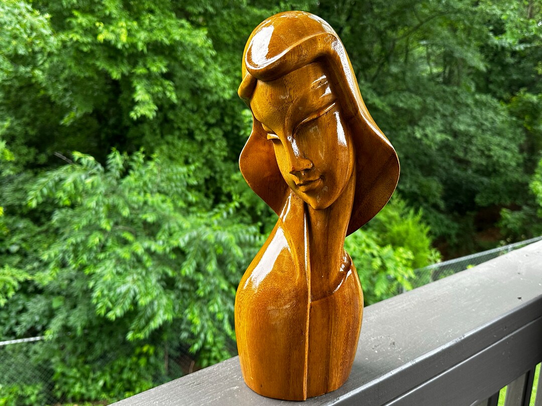 MCM Carved Wood Female Bust, Vintage Hawaiian Lady Bust, Vintage Wood ...