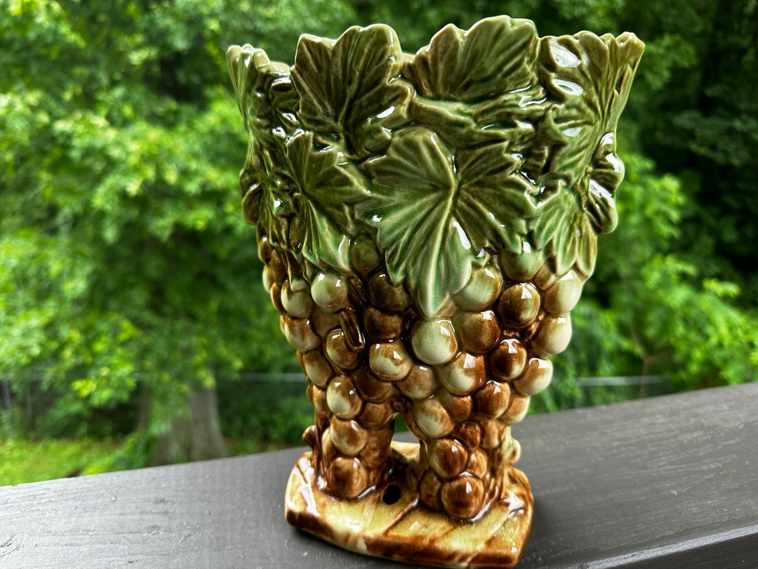 Vintage Mccoy Pottery Signed Vase Double Grape Leaf Cluster 9.25 Inches ...