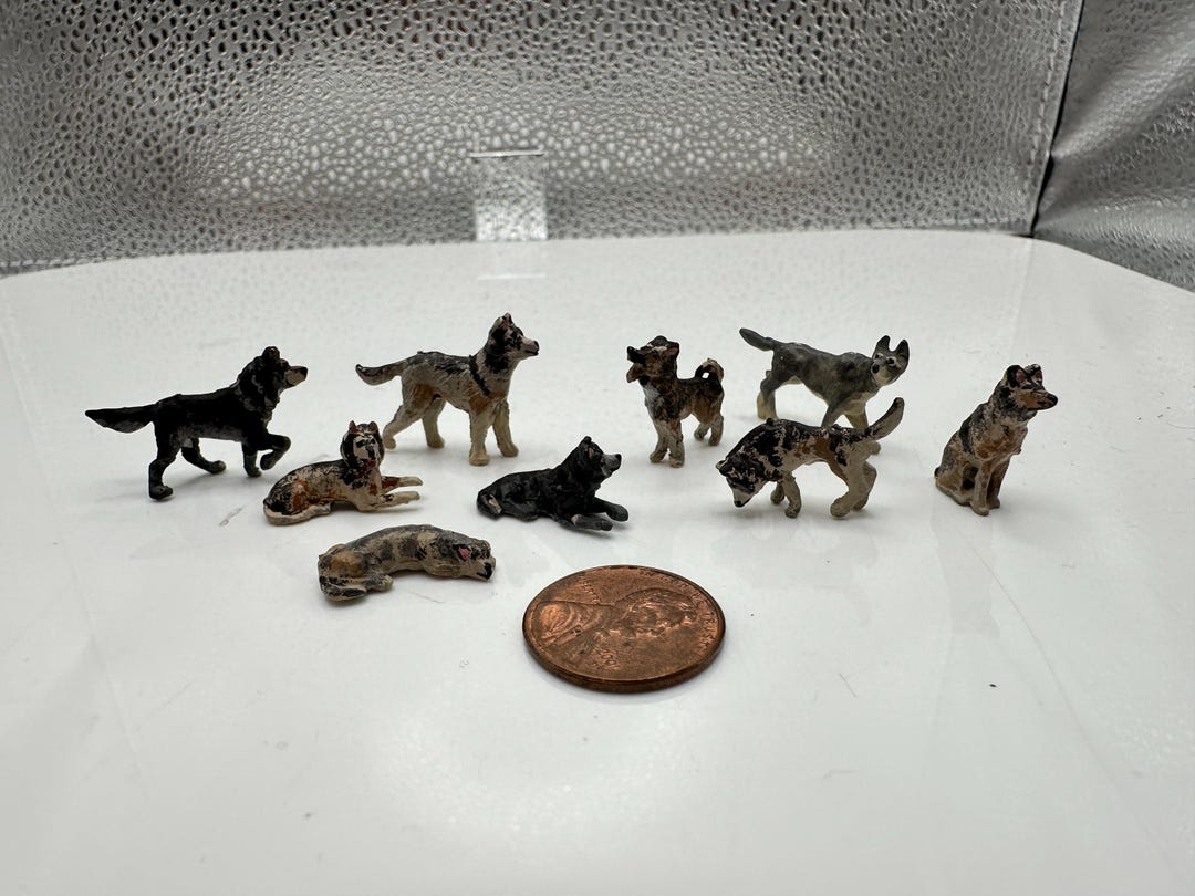 9 Tiny Miniature Wolves/german Shepherd Figurines Hand Painted. Early ...