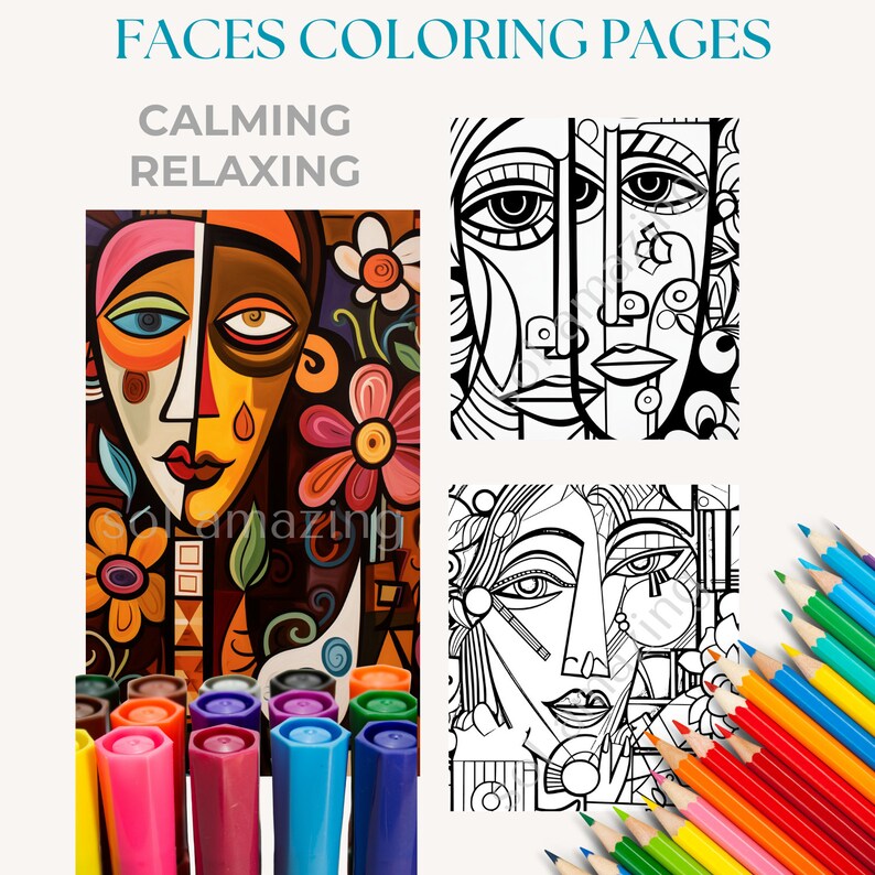 The FACES Coloring Pages Abstract Art, Cubism, Coloring Book, Adult ...
