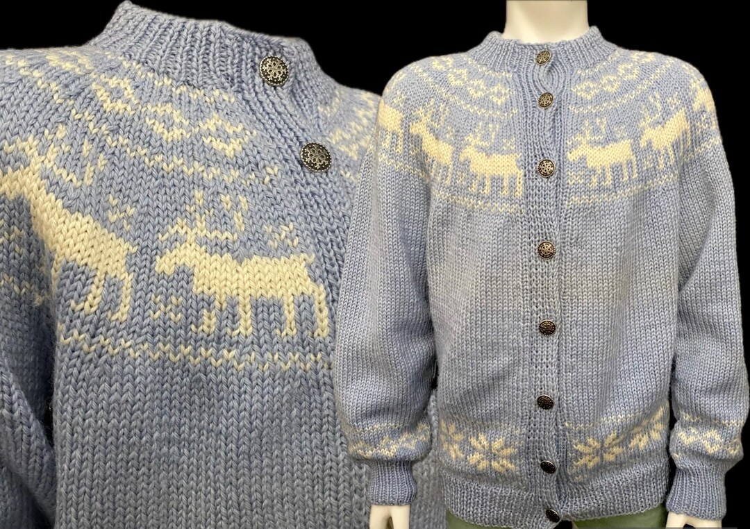 Vintage 10 Kids Sweater Hand Knit Norwegian Reindeer Blue Wool Norsk ...