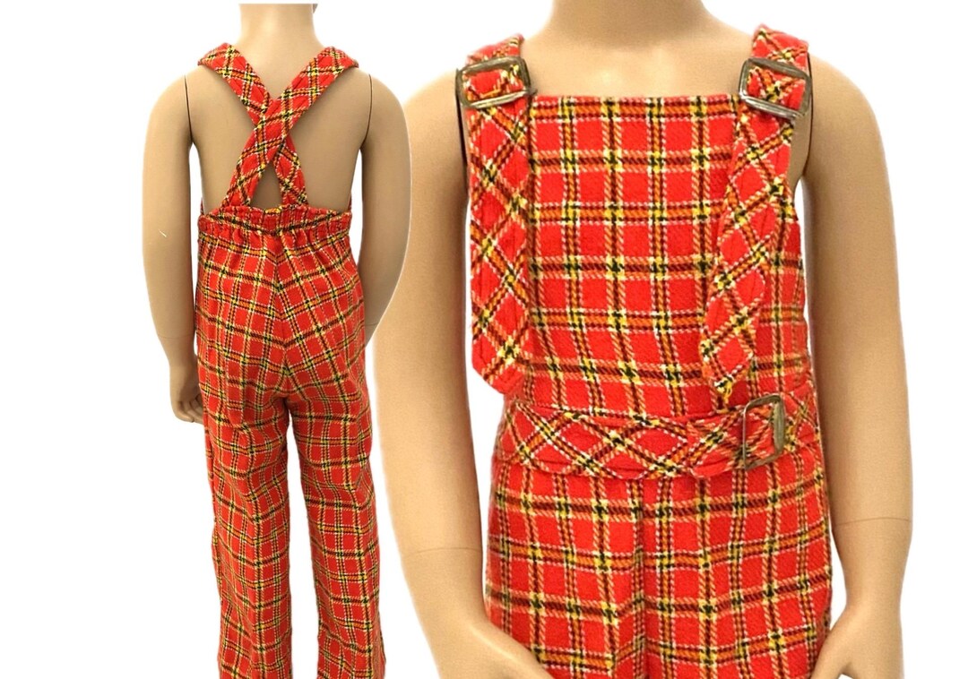 Vintage 70s 5 Kids Overalls Plaid Sears Groovy Funky Fun Cross Back ...