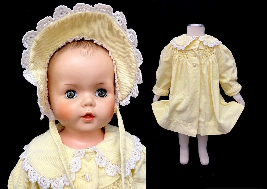 Vintage 60s 12-18 Mo Girls Coat Bonnet Set Yellow Corduroy Smocked ...