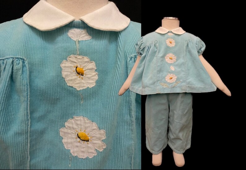 Vintage 60s 12 Month Girls Top and Overall Pants Set Aqua Corduroy Flower Appliques Cotton Made ...