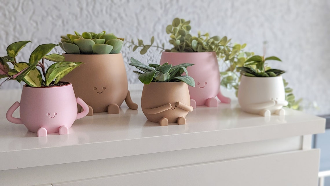 Beige Plant Pot Face Happy Cute Plant Pot Decoration Indoor Planter Pot ...
