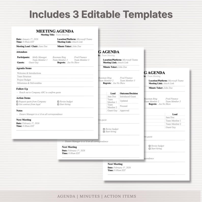 Editable Meeting Agenda & Minutes Template | Professional Business ...