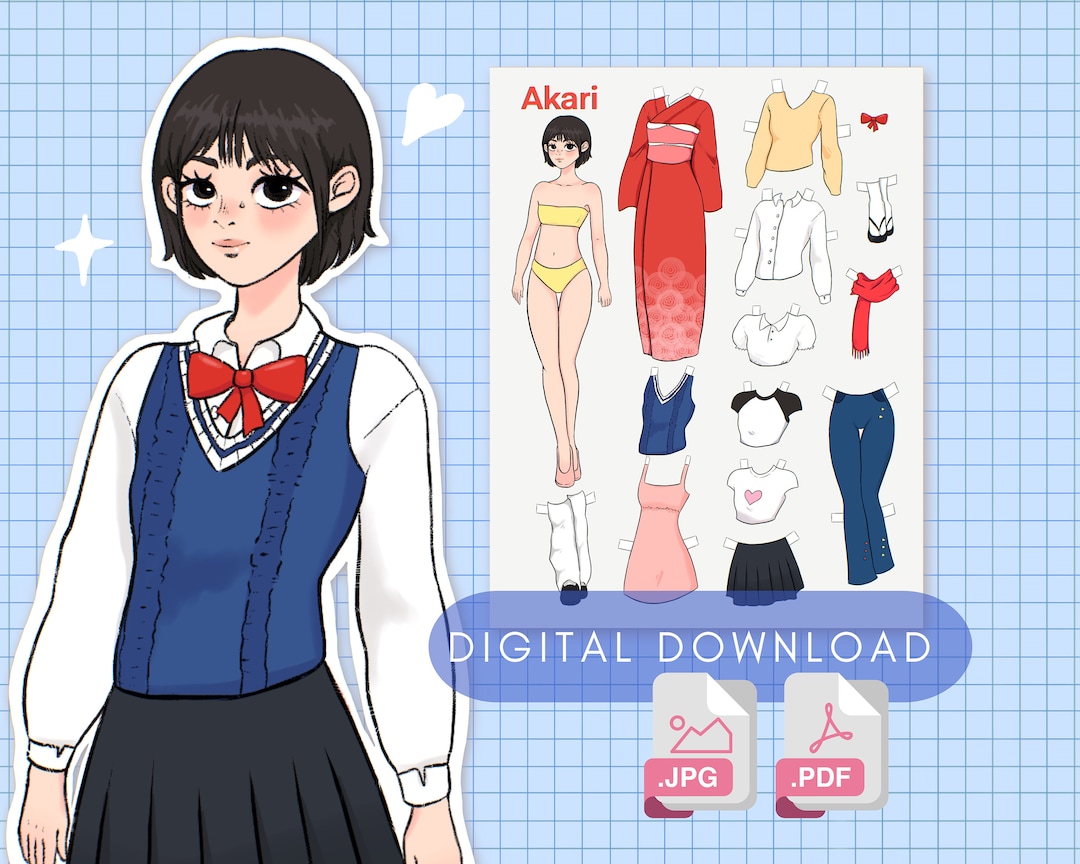 Printable Anime Paper Doll: Akari's Kimono & School Uniform (digital ...