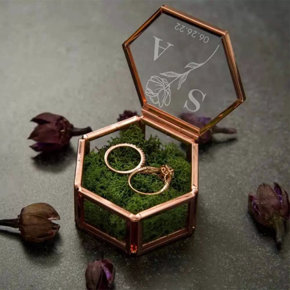Hexagon Glass Ring Box With Moss, Names & Initials Ring Holder ...