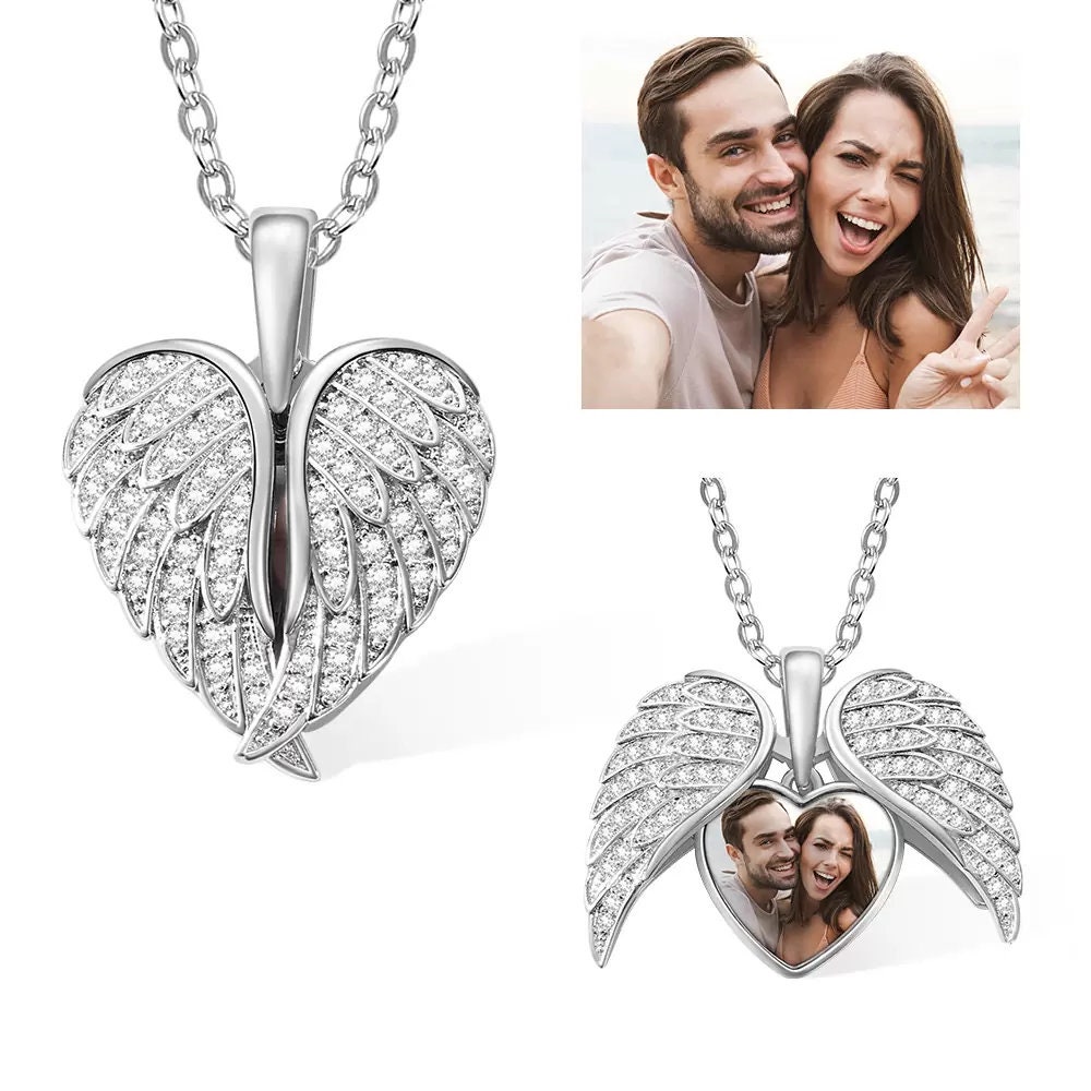 Angel Wing Necklace With Custom Photo, Heart Picture Pendant Necklace ...